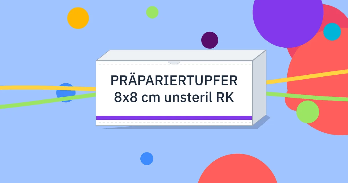 Symbolbild: Packung mit der Aufschrift PRÄPARIERTUPFER 8x8 cm unsteril RK (PZN 05014797) – Verfügbarkeit und Bezug in Apotheken in Frankfurt am Main