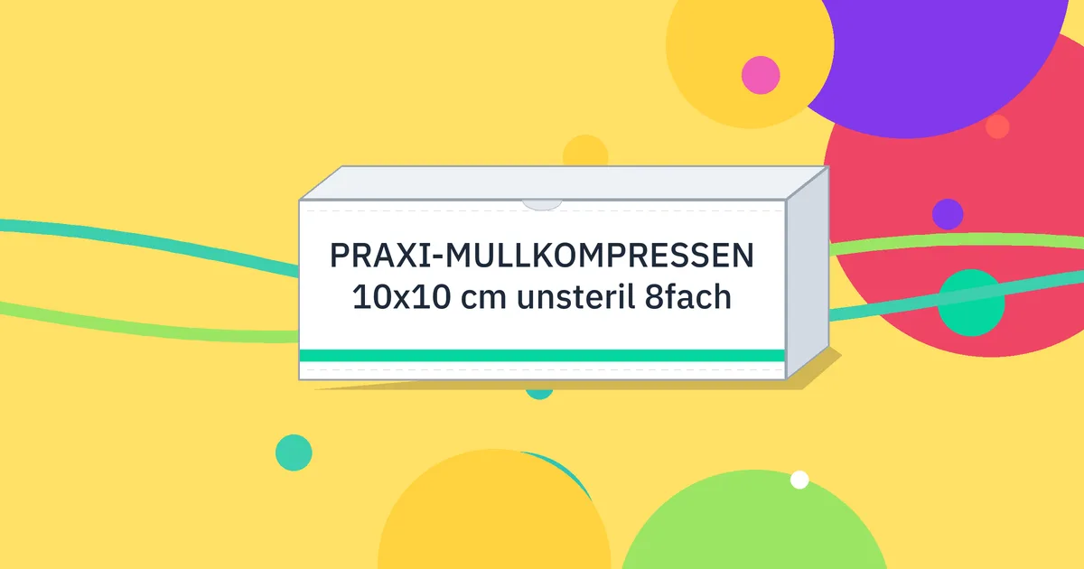 Symbolbild: Packung mit der Aufschrift PRAXI-MULLKOMPRESSEN 10x10 cm unsteril 8fach (PZN 12827495) – Verfügbarkeit und Bezug in Apotheken in Frankfurt am Main