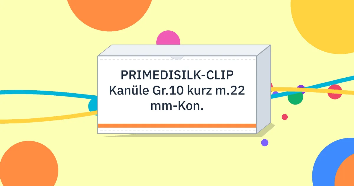 Symbolbild: Packung mit der Aufschrift PRIMEDISILK-CLIP Kanüle Gr.10 kurz m.22 mm-Kon. (PZN 10780832) – Verfügbarkeit und Bezug in Apotheken in Frankfurt am Main
