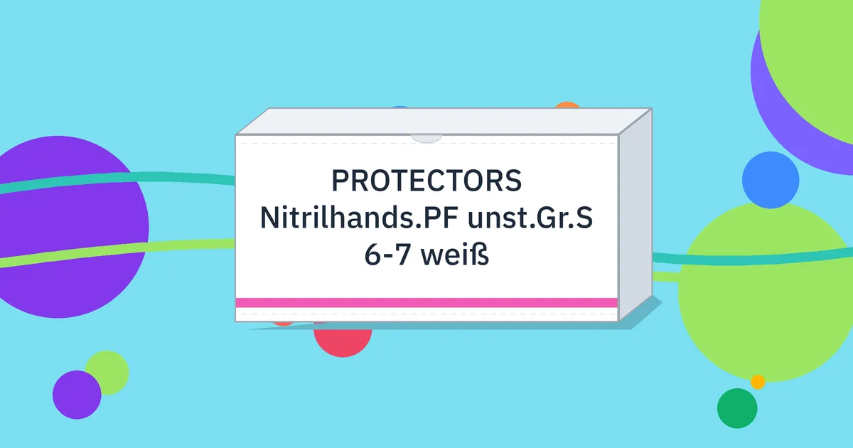 Symbolbild: Packung mit der Aufschrift PROTECTORS Nitrilhands.PF unst.Gr.S 6-7 weiß (PZN 04684892) – Verfügbarkeit und Bezug in Apotheken in Frankfurt am Main