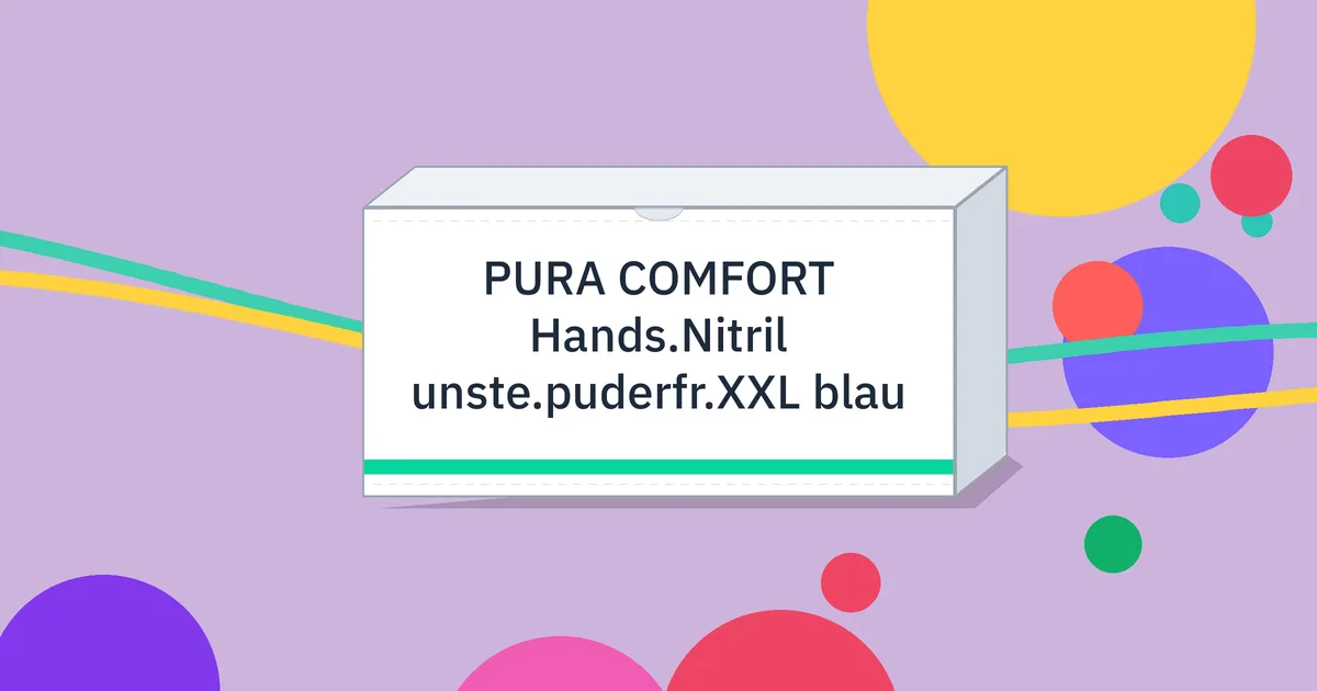 Symbolbild: Packung mit der Aufschrift PURA COMFORT Hands.Nitril unste.puderfr.XXL blau (PZN 16838975) – Verfügbarkeit und Bezug in Apotheken in Frankfurt am Main