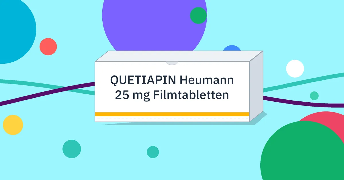 Symbolbild: Packung mit der Aufschrift QUETIAPIN Heumann 25 mg Filmtabletten (PZN 08850643) – Verfügbarkeit und Bezug in Apotheken in Frankfurt am Main
