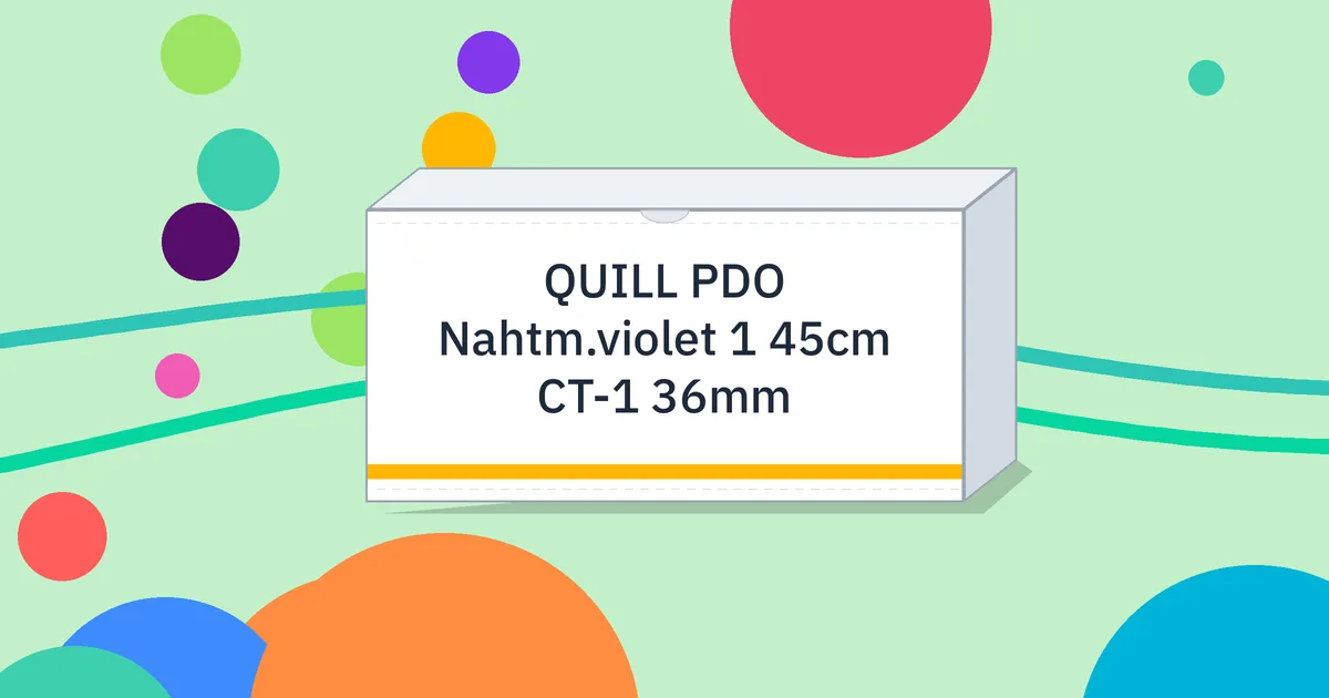 Symbolbild: Packung mit der Aufschrift QUILL PDO Nahtm.violet 1 45cm CT-1 36mm (PZN 17990194) – Verfügbarkeit und Bezug in Apotheken in Frankfurt am Main