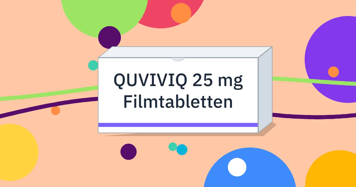 Symbolbild: Packung mit der Aufschrift QUVIVIQ 25 mg Filmtabletten (PZN 19119904) – Verfügbarkeit und Bezug in Apotheken in Frankfurt am Main