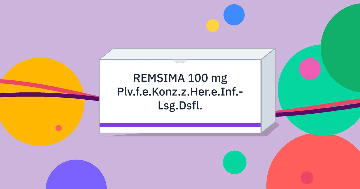 Symbolbild: Packung mit der Aufschrift REMSIMA 100 mg Plv.f.e.Konz.z.Her.e.Inf.-Lsg.Dsfl. (PZN 15617278) – Verfügbarkeit und Bezug in Apotheken in Frankfurt am Main