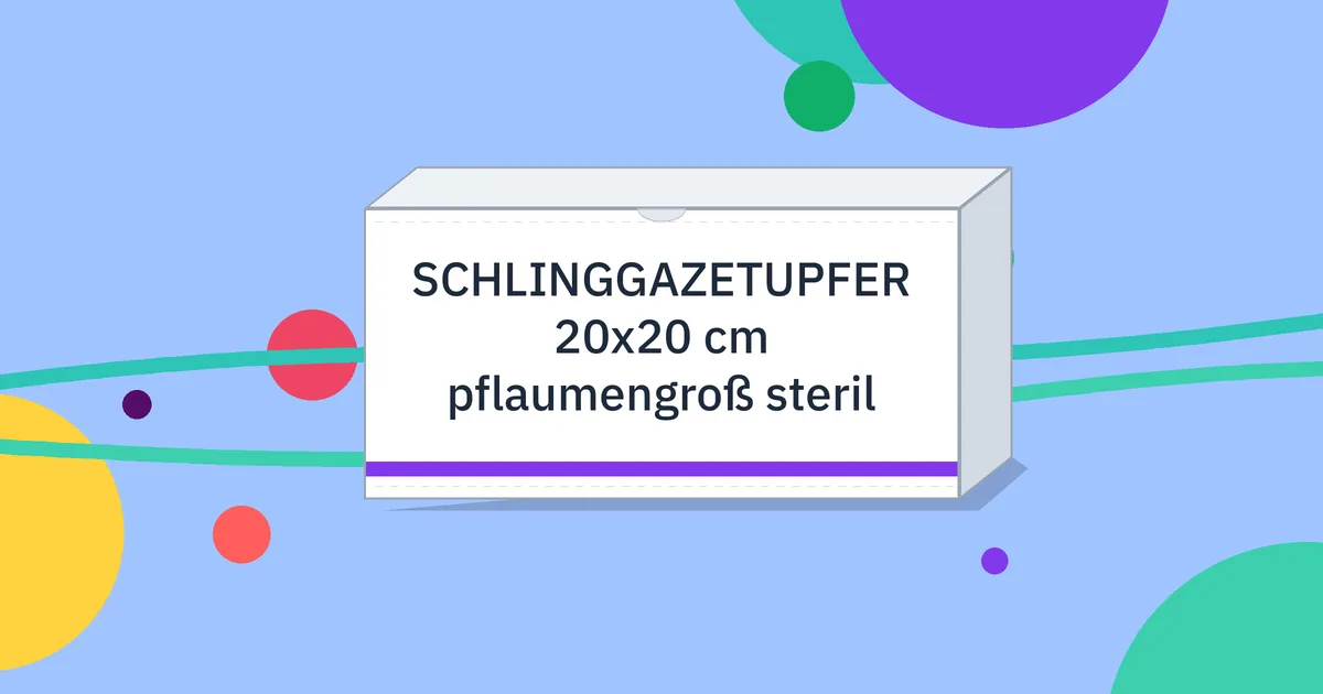 Symbolbild: Packung mit der Aufschrift SCHLINGGAZETUPFER 20x20 cm pflaumengroß steril (PZN 04767276) – Verfügbarkeit und Bezug in Apotheken in Frankfurt am Main