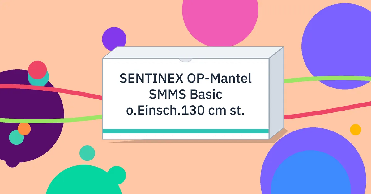 Symbolbild: Packung mit der Aufschrift SENTINEX OP-Mantel SMMS Basic o.Einsch.130 cm st. (PZN 03166356) – Verfügbarkeit und Bezug in Apotheken in Frankfurt am Main