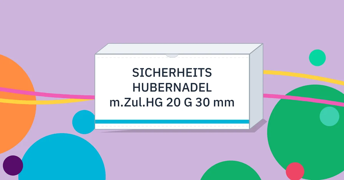 Symbolbild: Packung mit der Aufschrift SICHERHEITS HUBERNADEL m.Zul.HG 20 G 30 mm (PZN 12340511) – Verfügbarkeit und Bezug in Apotheken in Frankfurt am Main