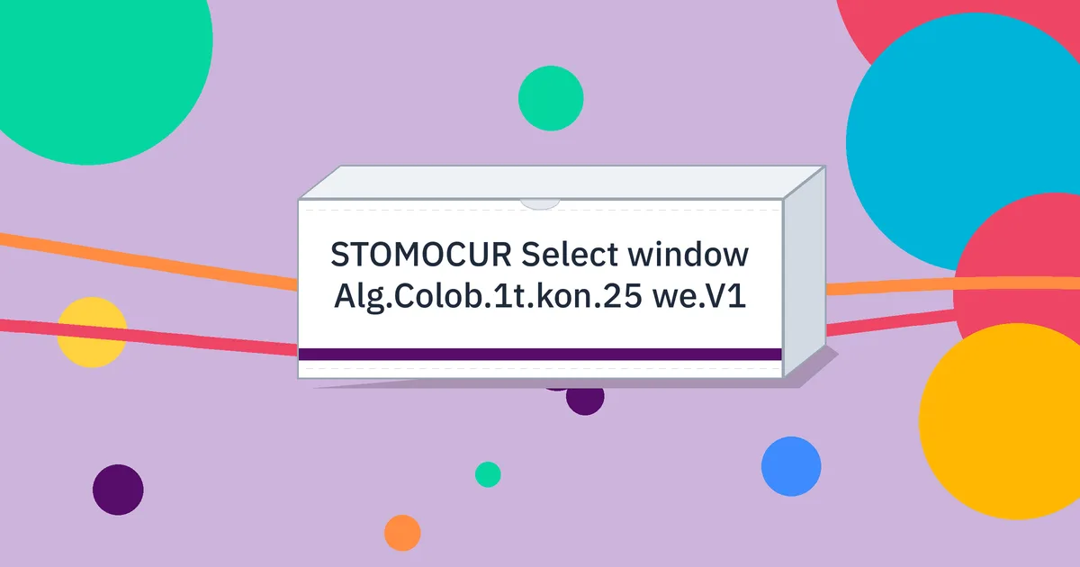 Symbolbild: Packung mit der Aufschrift STOMOCUR Select window Alg.Colob.1t.kon.25 we.V1 (PZN 10557809) – Verfügbarkeit und Bezug in Apotheken in Frankfurt am Main