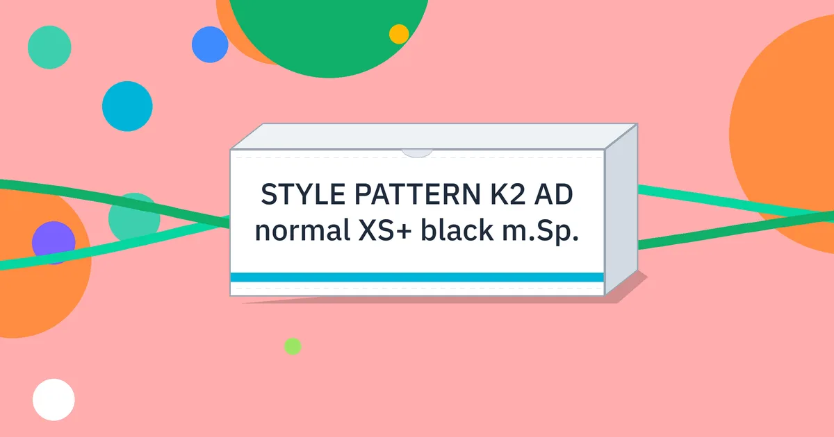 Symbolbild: Packung mit der Aufschrift STYLE PATTERN K2 AD normal XS+ black m.Sp. (PZN 19695298) – Verfügbarkeit und Bezug in Apotheken in Frankfurt am Main
