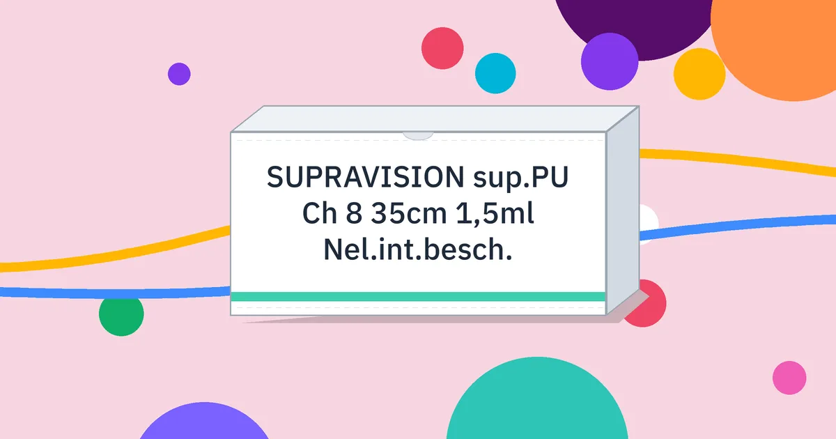 Symbolbild: Packung mit der Aufschrift SUPRAVISION sup.PU Ch 8 35cm 1,5ml Nel.int.besch. (PZN 18306136) – Verfügbarkeit und Bezug in Apotheken in Frankfurt am Main
