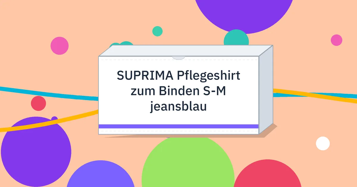 Symbolbild: Packung mit der Aufschrift SUPRIMA Pflegeshirt zum Binden S-M jeansblau (PZN 19554818) – Verfügbarkeit und Bezug in Apotheken in Frankfurt am Main