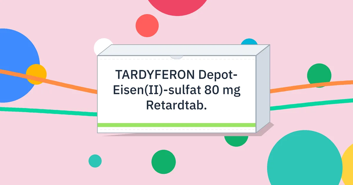 Symbolbild: Packung mit der Aufschrift TARDYFERON Depot-Eisen(II)-sulfat 80 mg Retardtab. (PZN 20169764) – Verfügbarkeit und Bezug in Apotheken in Frankfurt am Main