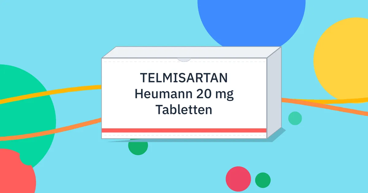Symbolbild: Packung mit der Aufschrift TELMISARTAN Heumann 20 mg Tabletten (PZN 15864700) – Verfügbarkeit und Bezug in Apotheken in Frankfurt am Main