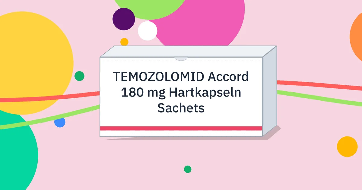Symbolbild: Packung mit der Aufschrift TEMOZOLOMID Accord 180 mg Hartkapseln Sachets (PZN 20511263) – Verfügbarkeit und Bezug in Apotheken in Frankfurt am Main