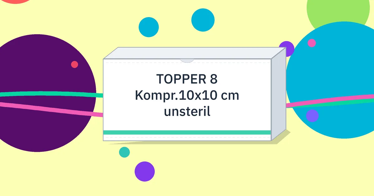 Symbolbild: Packung mit der Aufschrift TOPPER 8 Kompr.10x10 cm unsteril (PZN 20545670) – Verfügbarkeit und Bezug in Apotheken in Frankfurt am Main