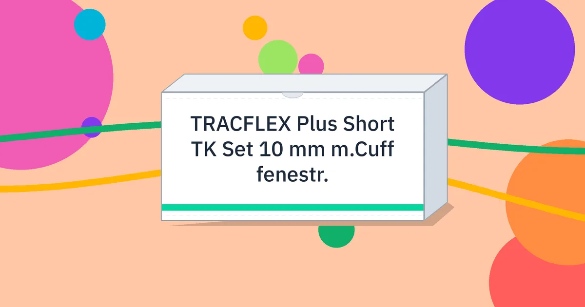 Symbolbild: Packung mit der Aufschrift TRACFLEX Plus Short TK Set 10 mm m.Cuff fenestr. (PZN 20933923) – Verfügbarkeit und Bezug in Apotheken in Frankfurt am Main