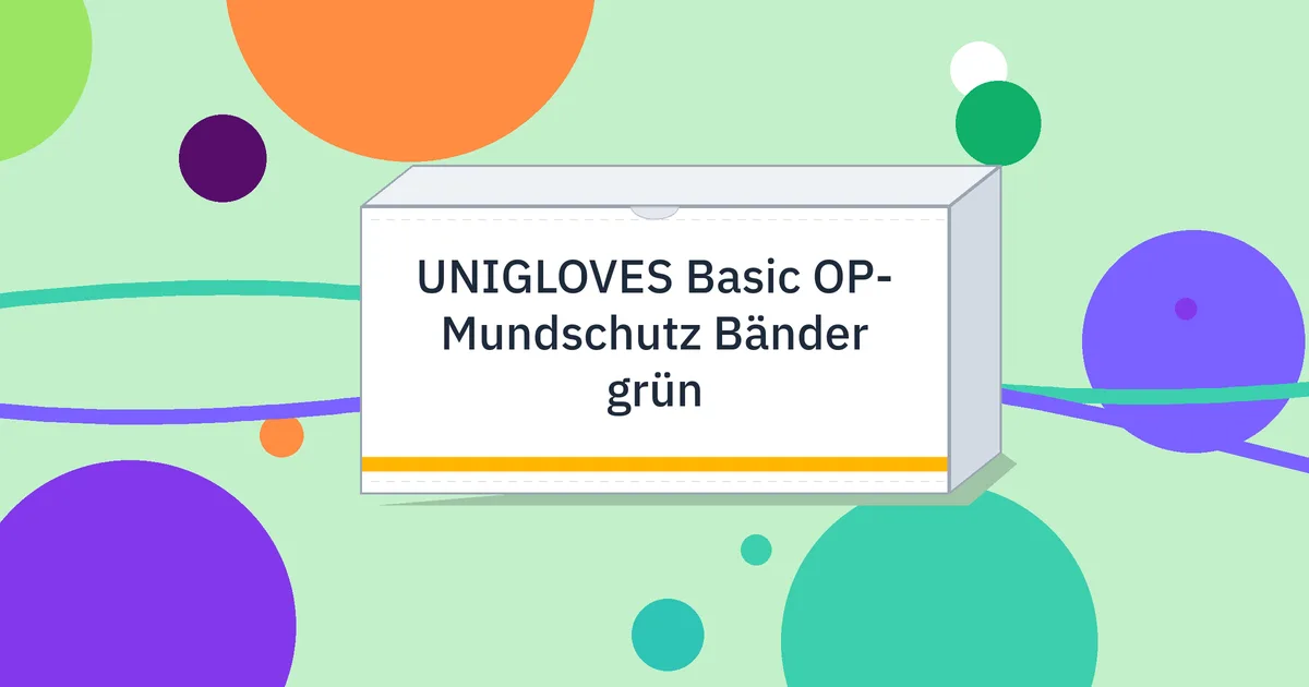 Symbolbild: Packung mit der Aufschrift UNIGLOVES Basic OP-Mundschutz Bänder grün (PZN 00103355) – Verfügbarkeit und Bezug in Apotheken in Frankfurt am Main