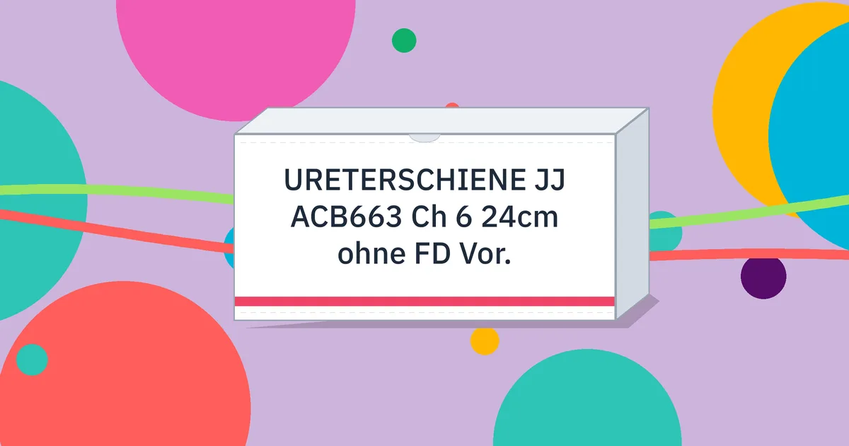 Symbolbild: Packung mit der Aufschrift URETERSCHIENE JJ ACB663 Ch 6 24cm ohne FD Vor. (PZN 00492635) – Verfügbarkeit und Bezug in Apotheken in Frankfurt am Main