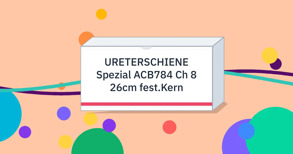 Symbolbild: Packung mit der Aufschrift URETERSCHIENE Spezial ACB784 Ch 8 26cm fest.Kern (PZN 00752711) – Verfügbarkeit und Bezug in Apotheken in Frankfurt am Main