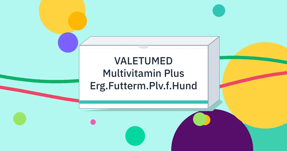 Symbolbild: Packung mit der Aufschrift VALETUMED Multivitamin Plus Erg.Futterm.Plv.f.Hund (PZN 20189548) – Verfügbarkeit und Bezug in Apotheken in Frankfurt am Main