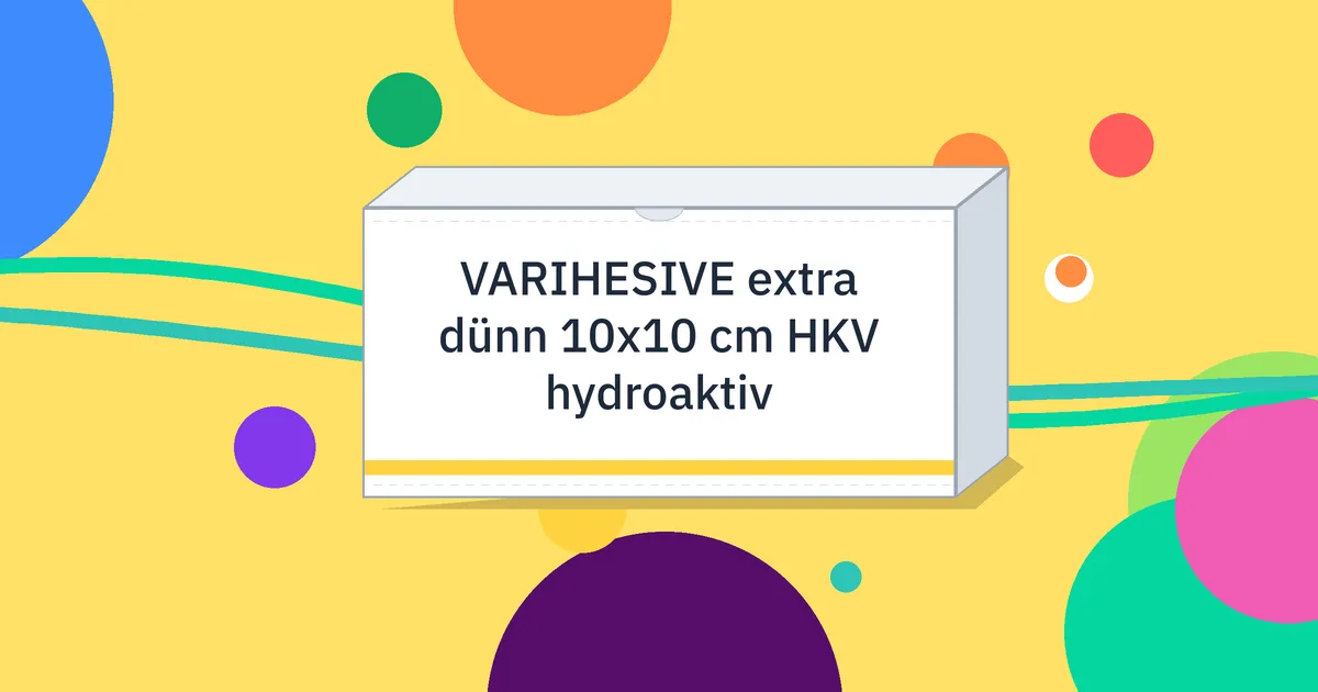 Symbolbild: Packung mit der Aufschrift VARIHESIVE extra dünn 10x10 cm HKV hydroaktiv (PZN 12378927) – Verfügbarkeit und Bezug in Apotheken in Frankfurt am Main