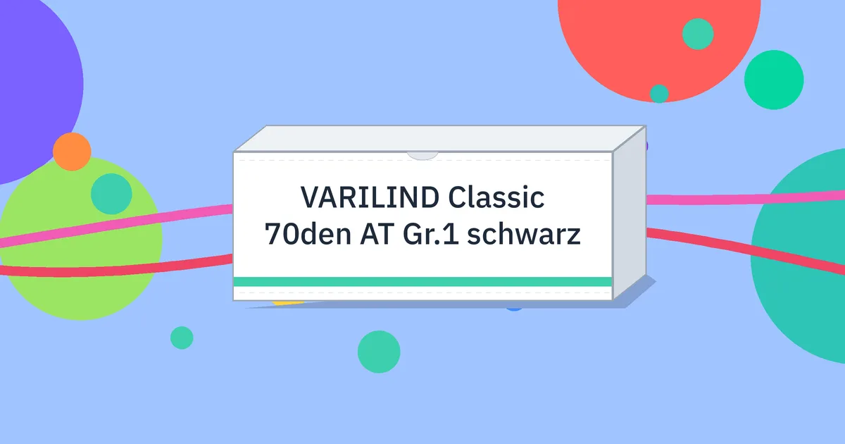 Symbolbild: Packung mit der Aufschrift VARILIND Classic 70den AT Gr.1 schwarz (PZN 09521798) – Verfügbarkeit und Bezug in Apotheken in Frankfurt am Main