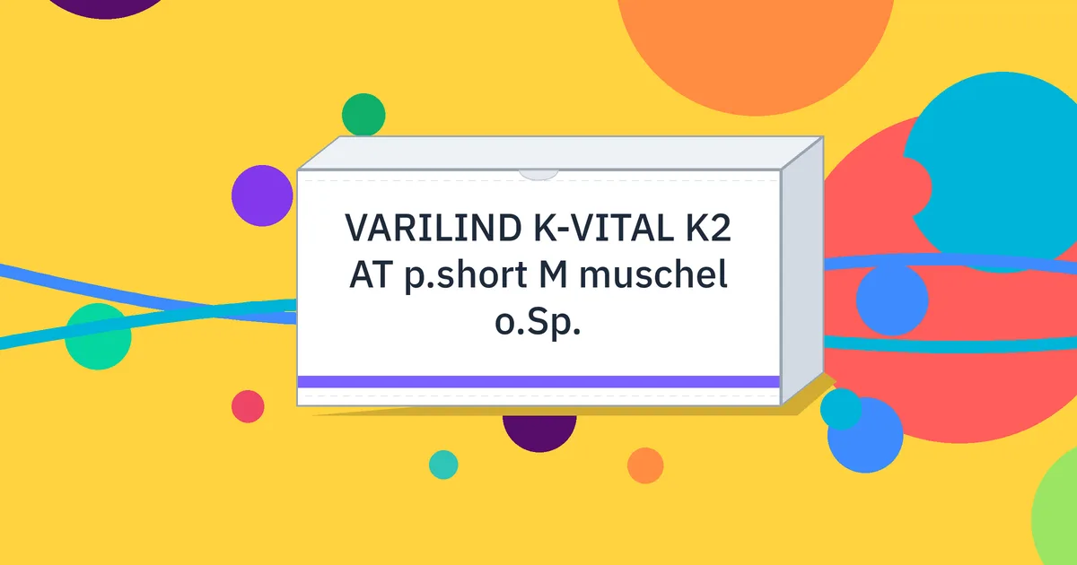 Symbolbild: Packung mit der Aufschrift VARILIND K-VITAL K2 AT p.short M muschel o.Sp. (PZN 20562579) – Verfügbarkeit und Bezug in Apotheken in Frankfurt am Main