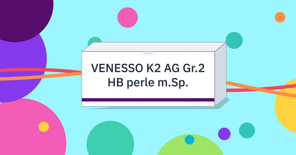 Symbolbild: Packung mit der Aufschrift VENESSO K2 AG Gr.2 HB perle m.Sp. (PZN 03262700) – Verfügbarkeit und Bezug in Apotheken in Frankfurt am Main