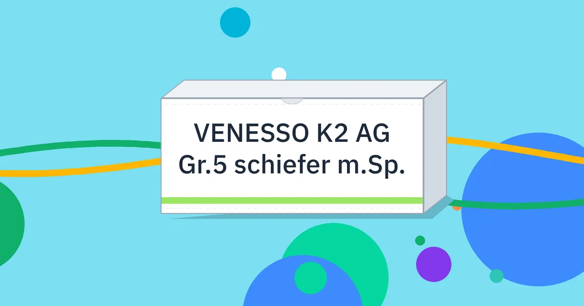 Symbolbild: Packung mit der Aufschrift VENESSO K2 AG Gr.5 schiefer m.Sp. (PZN 03276323) – Verfügbarkeit und Bezug in Apotheken in Frankfurt am Main