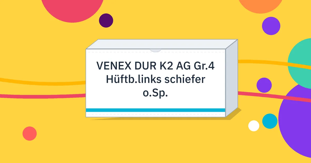 Symbolbild: Packung mit der Aufschrift VENEX DUR K2 AG Gr.4 Hüftb.links schiefer o.Sp. (PZN 03232484) – Verfügbarkeit und Bezug in Apotheken in Frankfurt am Main