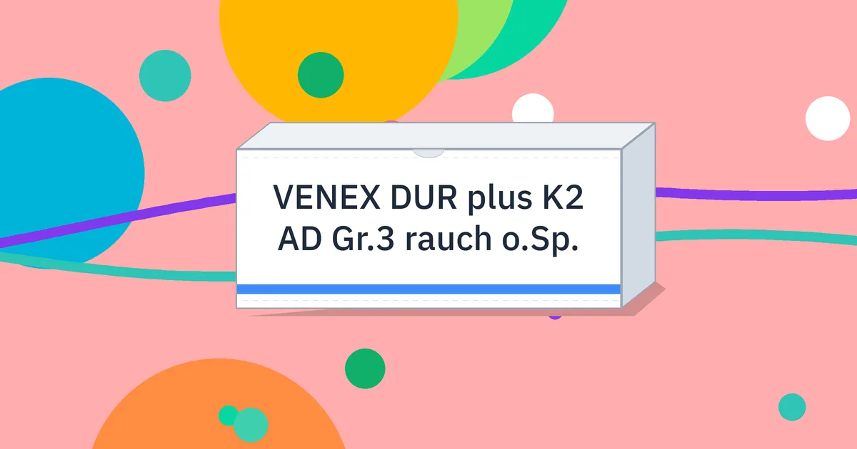 Symbolbild: Packung mit der Aufschrift VENEX DUR plus K2 AD Gr.3 rauch o.Sp. (PZN 03233331) – Verfügbarkeit und Bezug in Apotheken in Frankfurt am Main