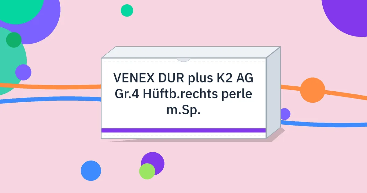 Symbolbild: Packung mit der Aufschrift VENEX DUR plus K2 AG Gr.4 Hüftb.rechts perle m.Sp. (PZN 03237932) – Verfügbarkeit und Bezug in Apotheken in Frankfurt am Main