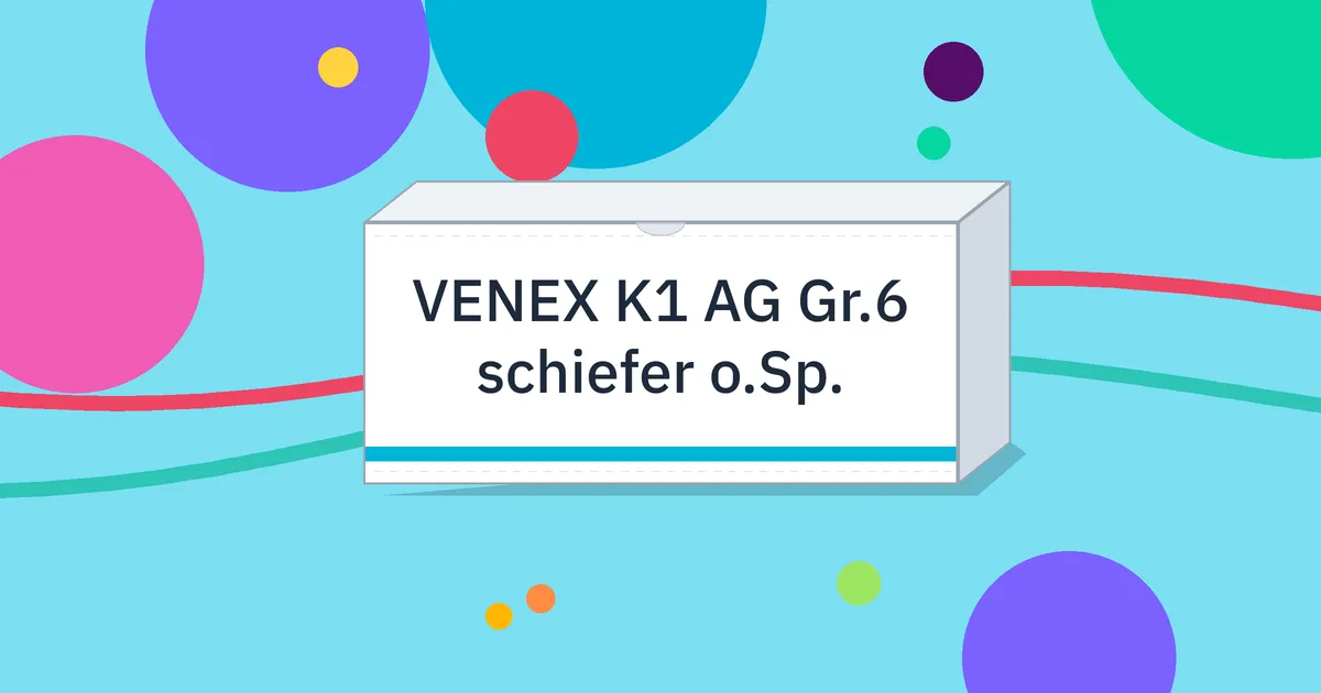 Symbolbild: Packung mit der Aufschrift VENEX K1 AG Gr.6 schiefer o.Sp. (PZN 03189535) – Verfügbarkeit und Bezug in Apotheken in Frankfurt am Main
