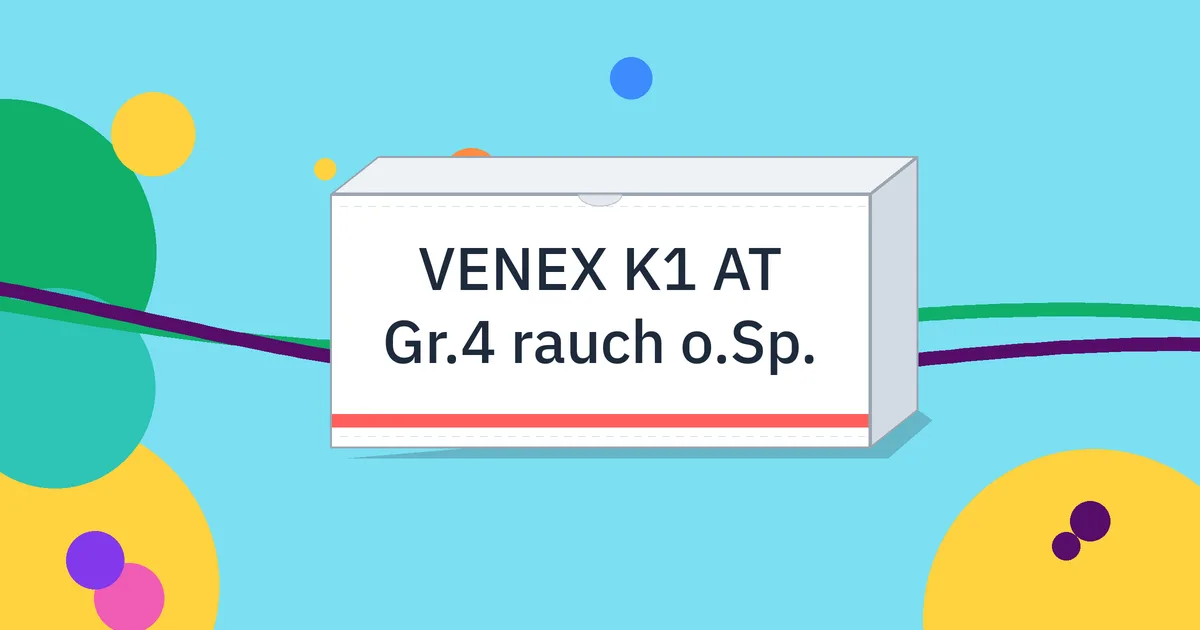 Symbolbild: Packung mit der Aufschrift VENEX K1 AT Gr.4 rauch o.Sp. (PZN 03197115) – Verfügbarkeit und Bezug in Apotheken in Frankfurt am Main