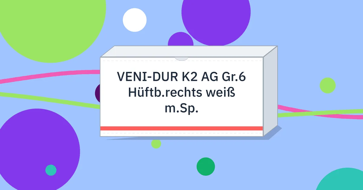 Symbolbild: Packung mit der Aufschrift VENI-DUR K2 AG Gr.6 Hüftb.rechts weiß m.Sp. (PZN 03251085) – Verfügbarkeit und Bezug in Apotheken in Frankfurt am Main