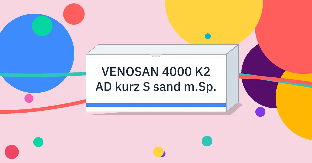 Symbolbild: Packung mit der Aufschrift VENOSAN 4000 K2 AD kurz S sand m.Sp. (PZN 14422466) – Verfügbarkeit und Bezug in Apotheken in Frankfurt am Main