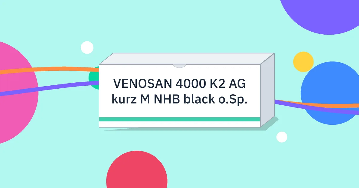 Symbolbild: Packung mit der Aufschrift VENOSAN 4000 K2 AG kurz M NHB black o.Sp. (PZN 14427914) – Verfügbarkeit und Bezug in Apotheken in Frankfurt am Main