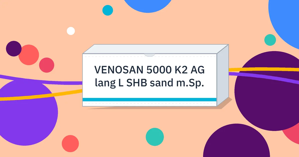 Symbolbild: Packung mit der Aufschrift VENOSAN 5000 K2 AG lang L SHB sand m.Sp. (PZN 14428799) – Verfügbarkeit und Bezug in Apotheken in Frankfurt am Main