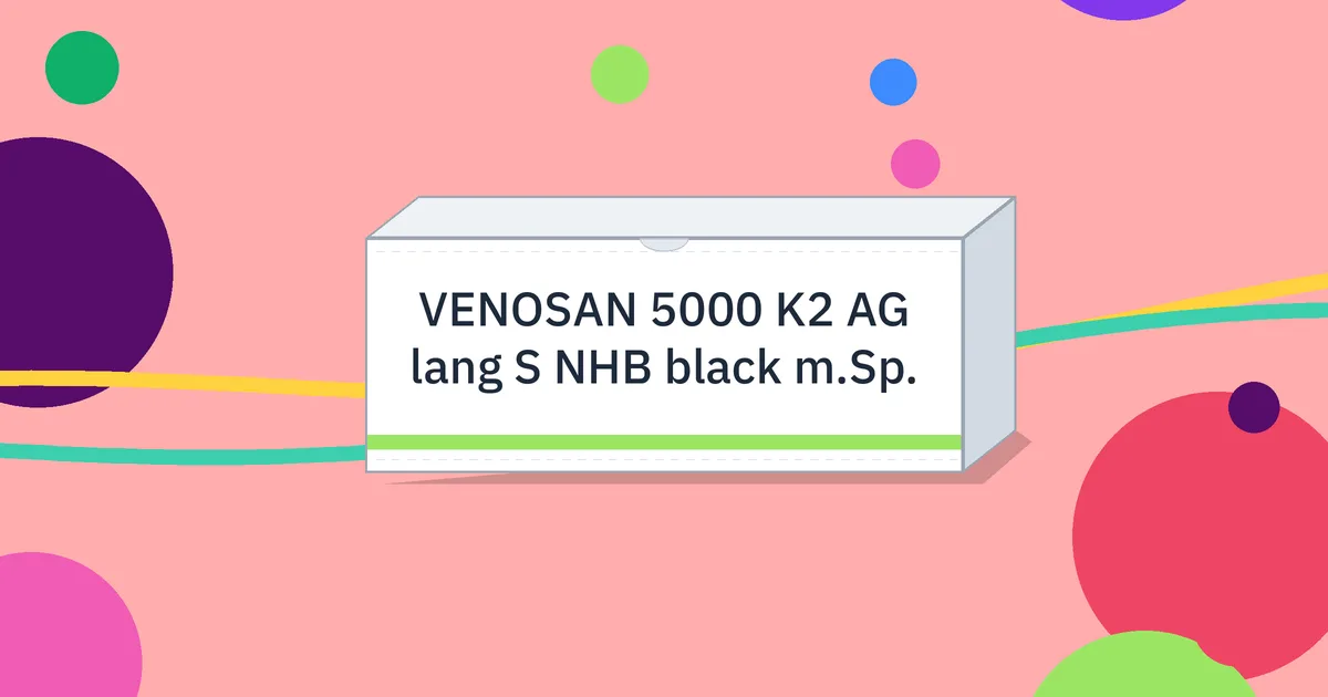 Symbolbild: Packung mit der Aufschrift VENOSAN 5000 K2 AG lang S NHB black m.Sp. (PZN 14433642) – Verfügbarkeit und Bezug in Apotheken in Frankfurt am Main