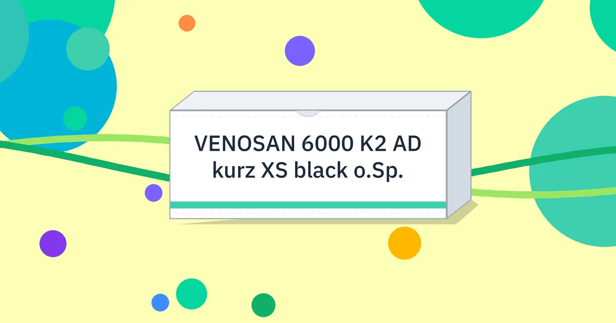 Symbolbild: Packung mit der Aufschrift VENOSAN 6000 K2 AD kurz XS black o.Sp. (PZN 17172432) – Verfügbarkeit und Bezug in Apotheken in Frankfurt am Main