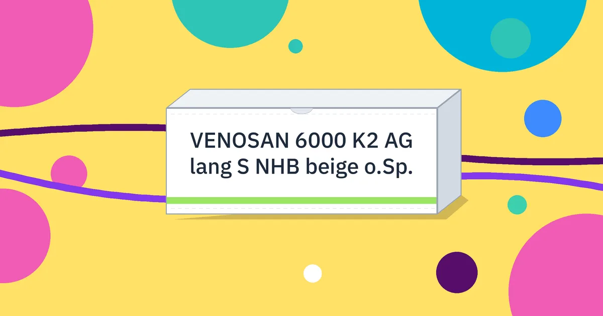 Symbolbild: Packung mit der Aufschrift VENOSAN 6000 K2 AG lang S NHB beige o.Sp. (PZN 17172627) – Verfügbarkeit und Bezug in Apotheken in Frankfurt am Main
