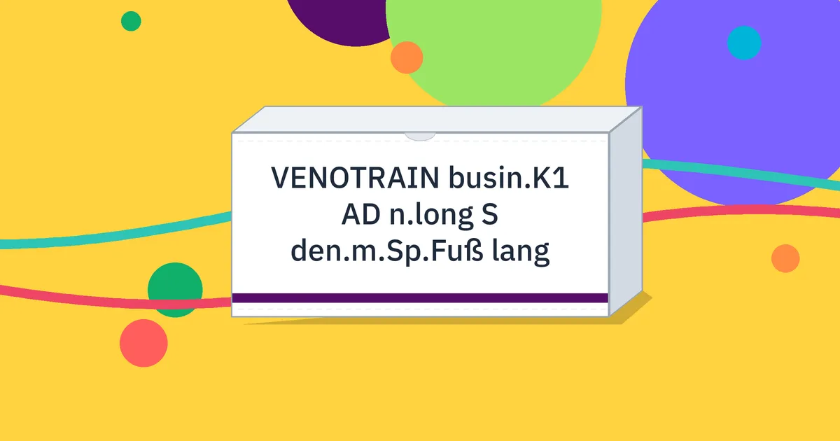 Symbolbild: Packung mit der Aufschrift VENOTRAIN busin.K1 AD n.long S den.m.Sp.Fuß lang (PZN 19056612) – Verfügbarkeit und Bezug in Apotheken in Frankfurt am Main