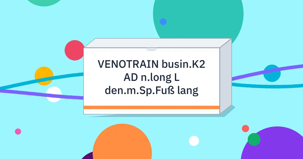 Symbolbild: Packung mit der Aufschrift VENOTRAIN busin.K2 AD n.long L den.m.Sp.Fuß lang (PZN 19057008) – Verfügbarkeit und Bezug in Apotheken in Frankfurt am Main
