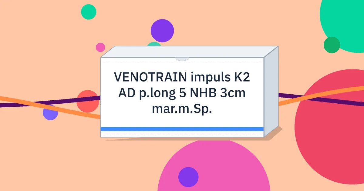 Symbolbild: Packung mit der Aufschrift VENOTRAIN impuls K2 AD p.long 5 NHB 3cm mar.m.Sp. (PZN 15223697) – Verfügbarkeit und Bezug in Apotheken in Frankfurt am Main