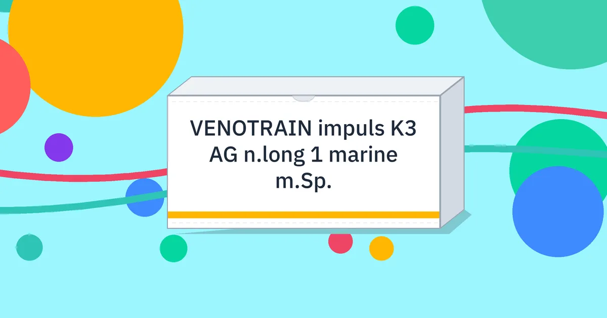 Symbolbild: Packung mit der Aufschrift VENOTRAIN impuls K3 AG n.long 1 marine m.Sp. (PZN 15212908) – Verfügbarkeit und Bezug in Apotheken in Frankfurt am Main