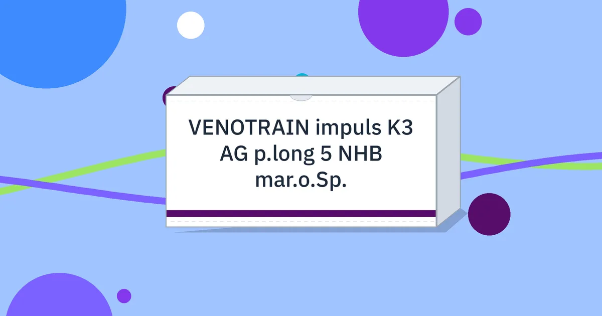 Symbolbild: Packung mit der Aufschrift VENOTRAIN impuls K3 AG p.long 5 NHB mar.o.Sp. (PZN 15215775) – Verfügbarkeit und Bezug in Apotheken in Frankfurt am Main