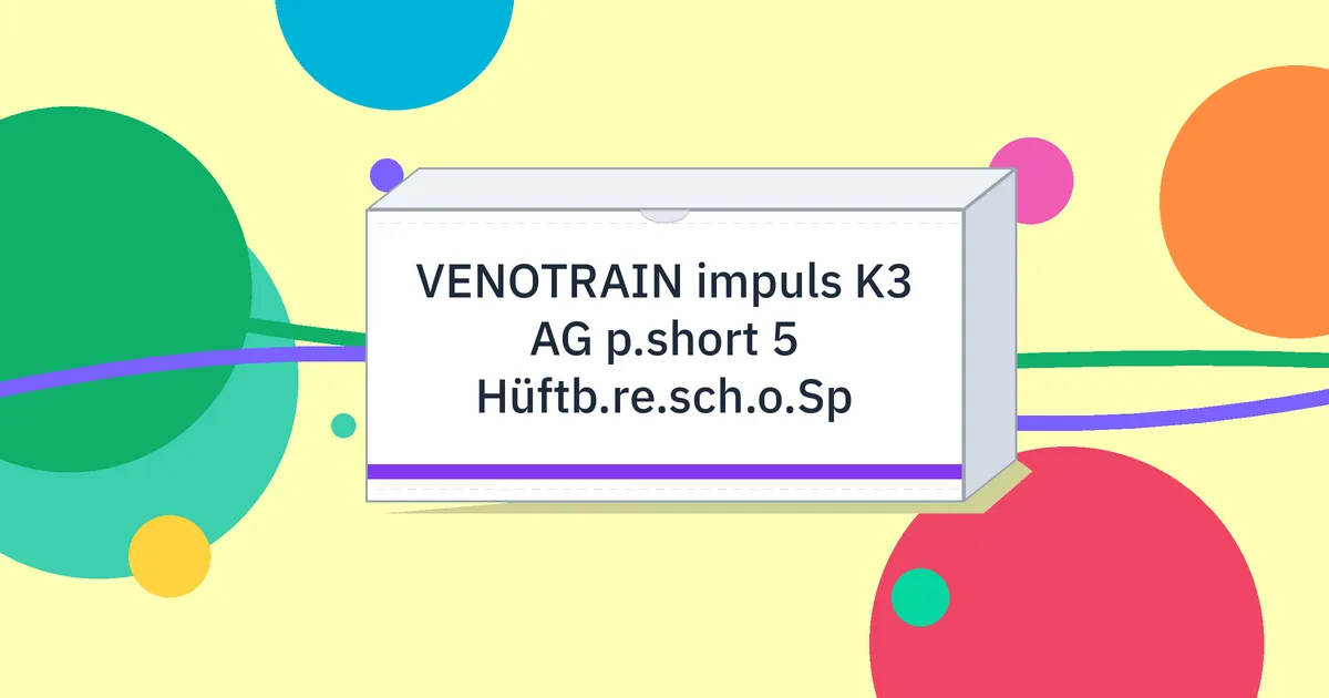 Symbolbild: Packung mit der Aufschrift VENOTRAIN impuls K3 AG p.short 5 Hüftb.re.sch.o.Sp (PZN 10294267) – Verfügbarkeit und Bezug in Apotheken in Frankfurt am Main