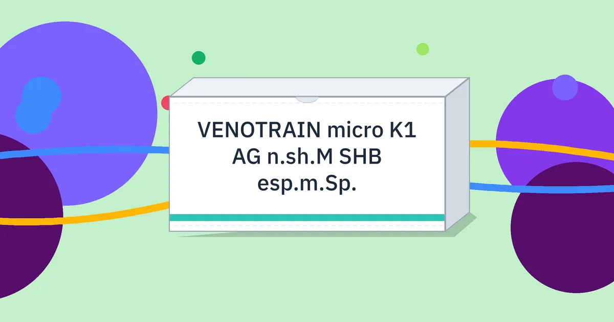 Symbolbild: Packung mit der Aufschrift VENOTRAIN micro K1 AG n.sh.M SHB esp.m.Sp. (PZN 06346544) – Verfügbarkeit und Bezug in Apotheken in Frankfurt am Main