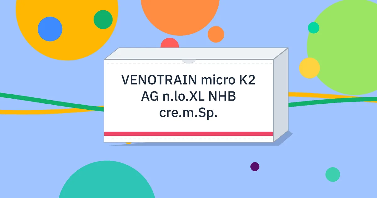 Symbolbild: Packung mit der Aufschrift VENOTRAIN micro K2 AG n.lo.XL NHB cre.m.Sp. (PZN 02358036) – Verfügbarkeit und Bezug in Apotheken in Frankfurt am Main